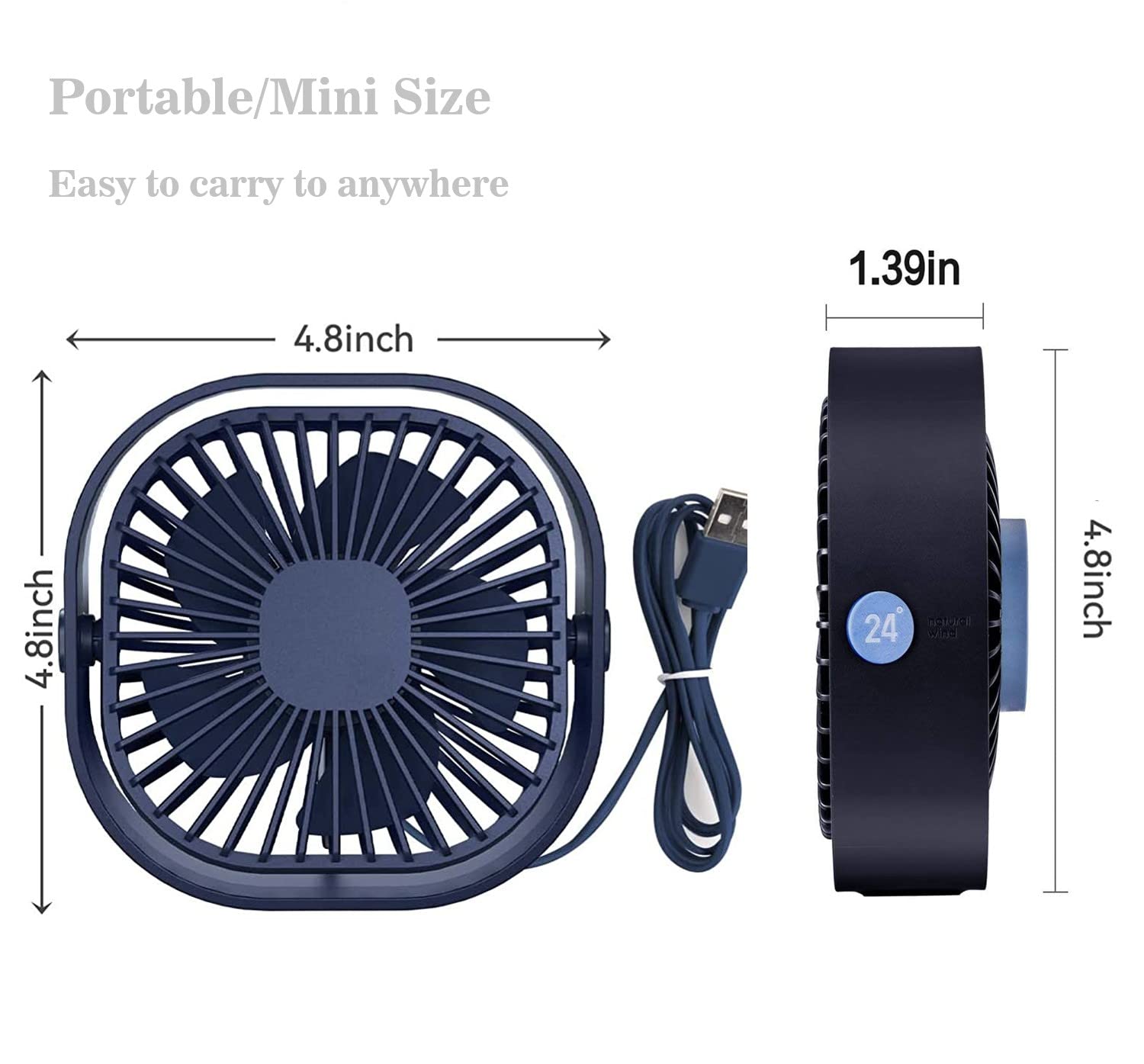 MEIWU NEW UPGRADE 2022, USB Table Fan Mini Personal Desk Fan Adjustable 3 Speed for Office (Nave Blue)