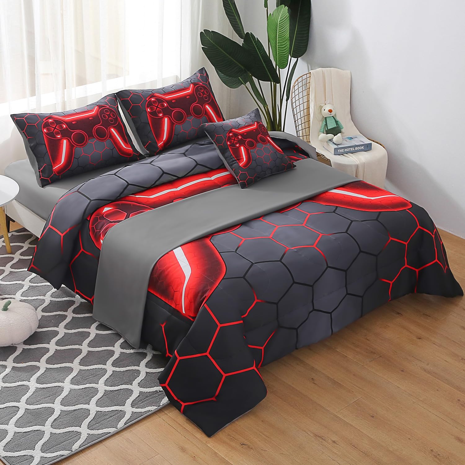JQinHome Full Gamer Comforter Set for Boys Girls Kids,6 Piece Bed in A Bag 3D Video Game Bedding -All Season Soft Microfiber Down Alternative Comforter Gamer Bedding Sets with Sheets (Red)