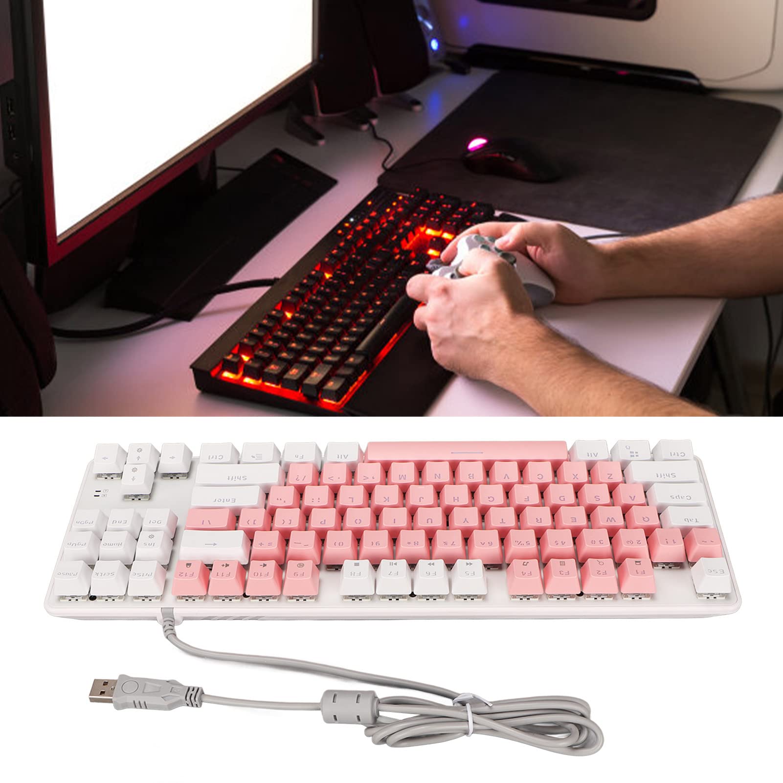 Pomya RGB Backlit Keyboard, 87 Key Mechanical Gaming Keyboard, USB Wired Mechanical Keyboard, Blue Switch for PC Laptop Desktop Computer(Pink White)
