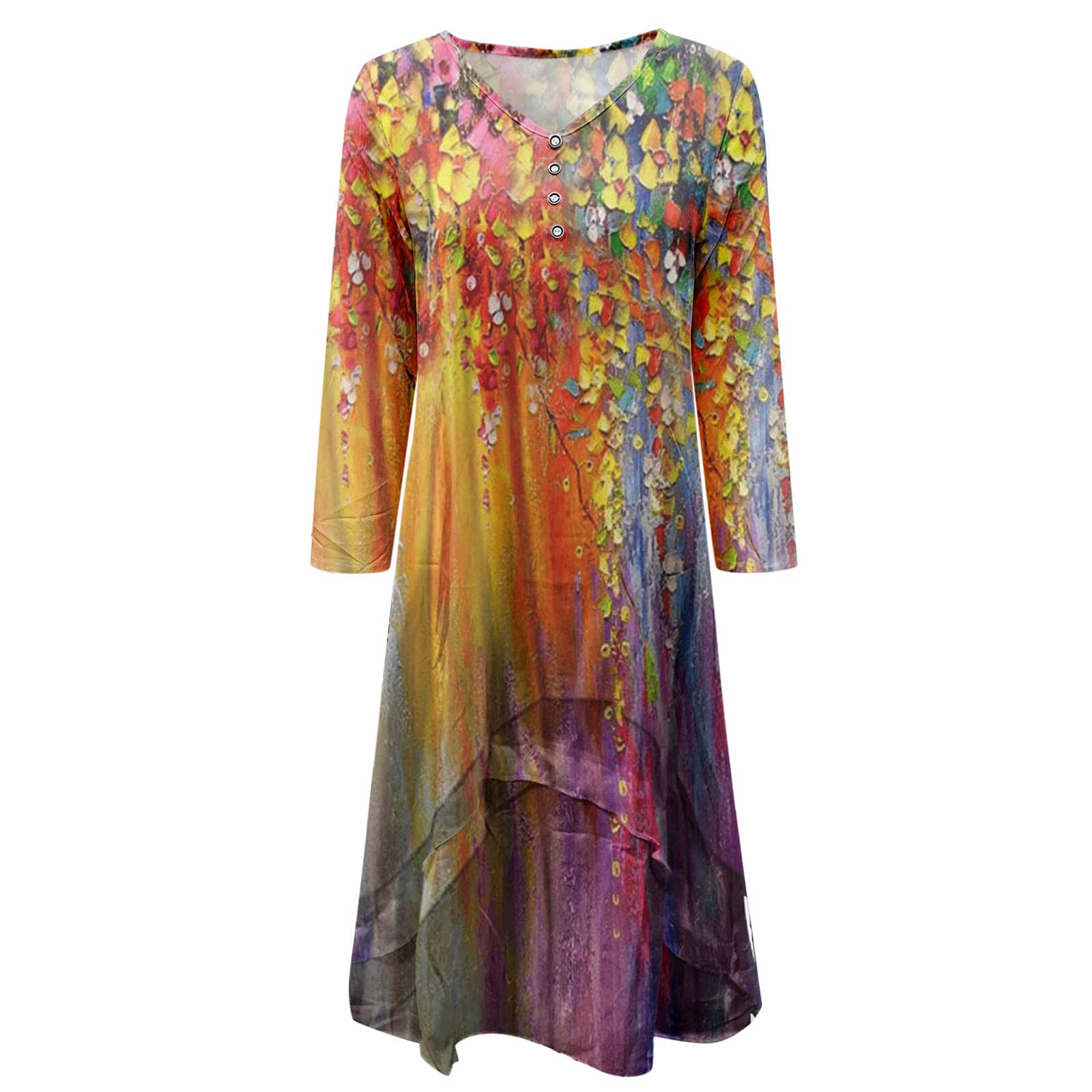 Keepfit Graphical Printed Layered Hem V-Neck Maxi Dress for Women Casual Loose Floor Length Dress Orange