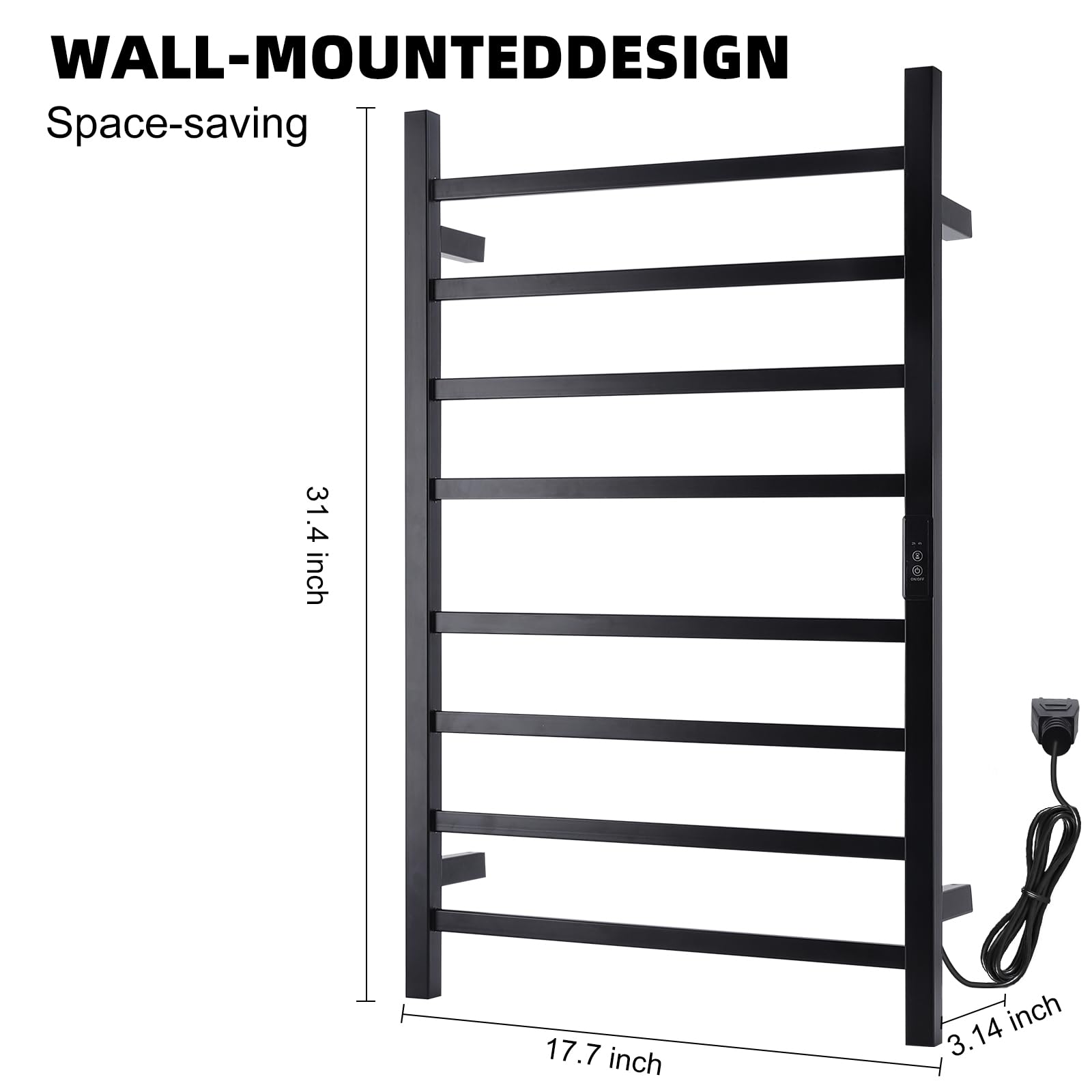 Towel Warmer Heated Towel Bar-Rack - Nopwer Bathroom Wall Mounted Electric Towel Drying Plug-in Matte Black 8 Bars