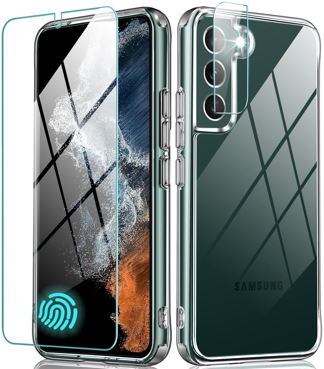 Mansoorr [3 in 1 Crystal Clear for Samsung Galaxy S22 Case, with 1 Pack Tempered Glass Screen Protector + 1 Pack Camera Lens Protector, Anti-Yellowing Shockproof Protective Slim Cover -Clear