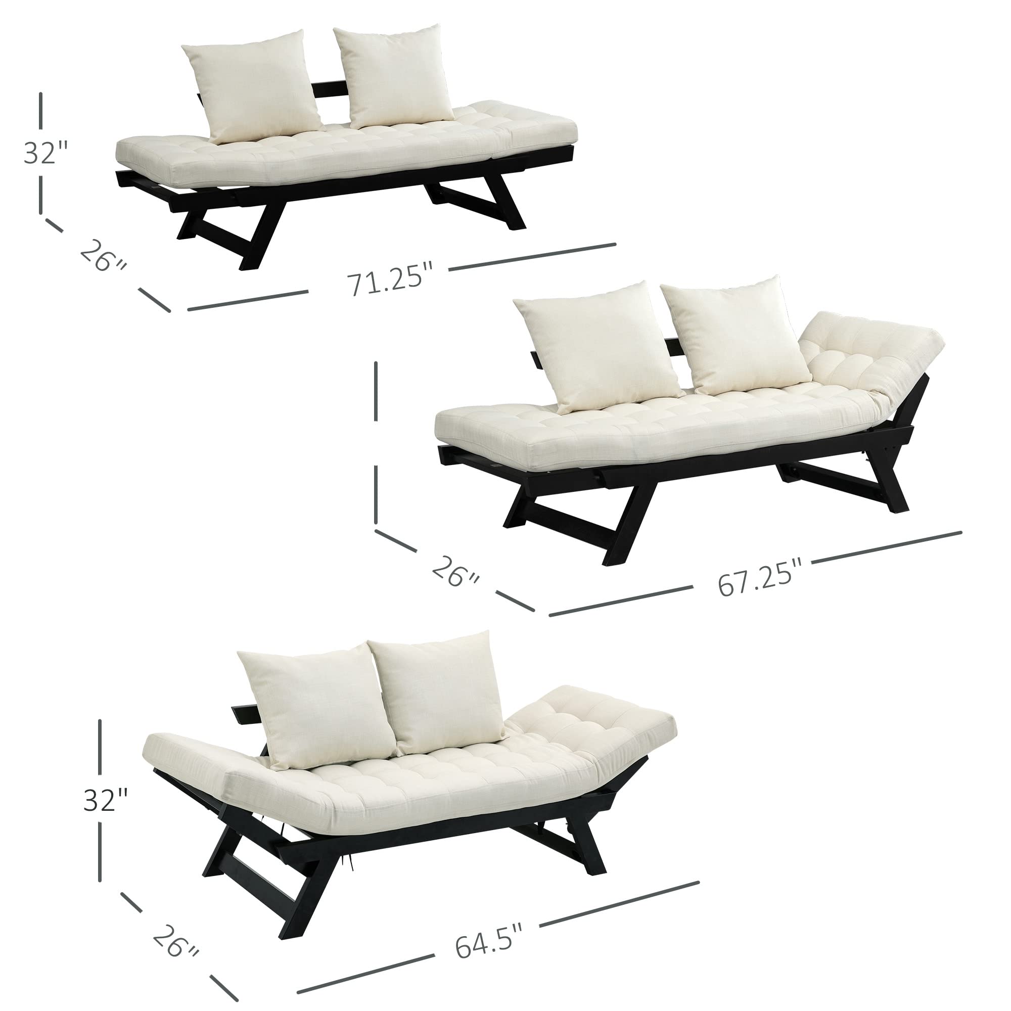HOMCOM Single Person 3 Position Convertible Chaise Lounger Sofa Bed with 2 Large Pillows and Oak Frame, Cream White