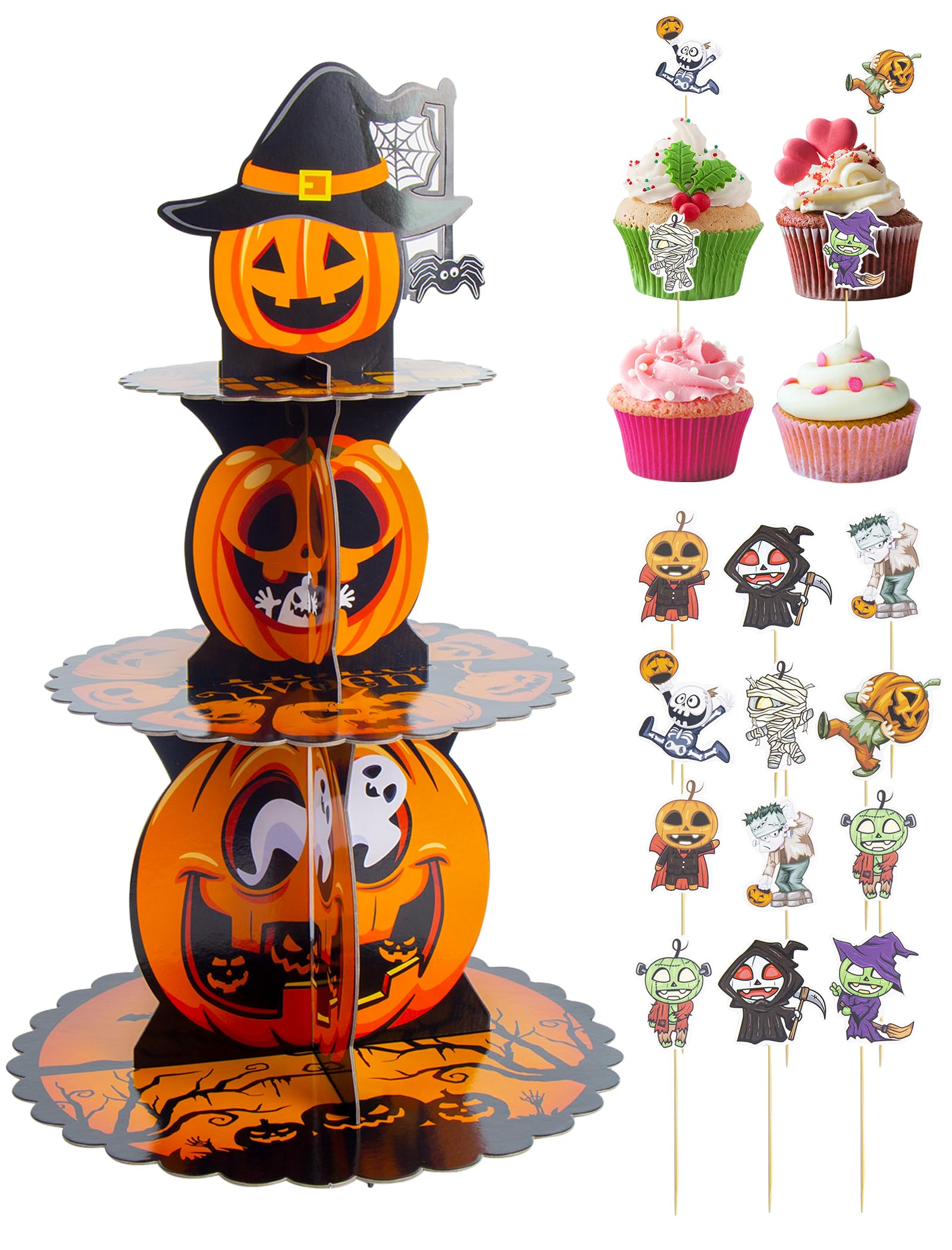 JROYJOY 3 Tier Halloween Cupcake Stand, Cupcake Tower with 16 Pcs Pumpkin Cupcake Toppers, Cake Stand for Dessert Table, Cupcake Display Stand for 24 Cupcakes Party Supplies Halloween Decorations