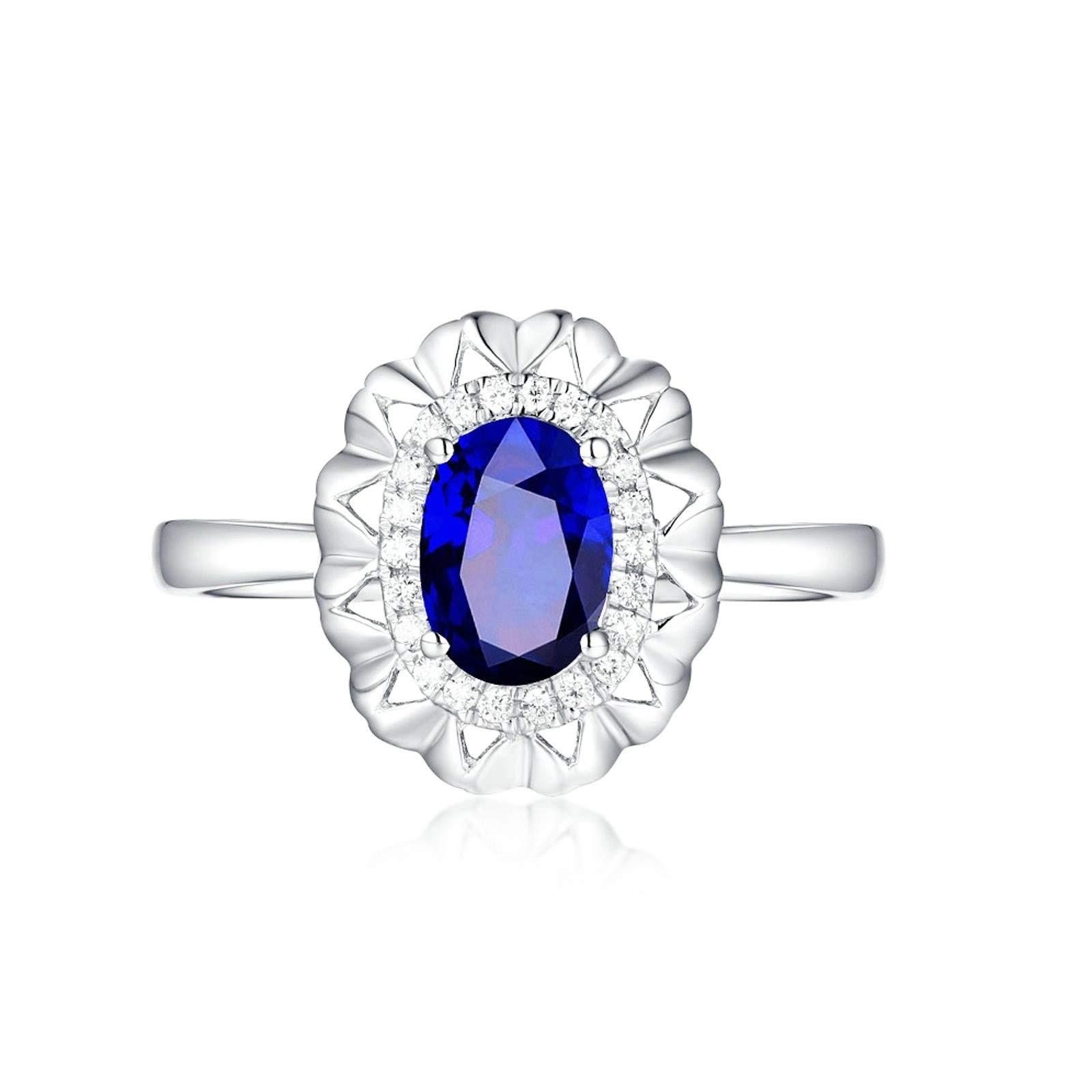 KnBoB Women Flowers Oval Shape 0.6ct Sapphire Ring 18K White Gold Promise Wedding Engagement Bridal Anniversary Ring Size 4