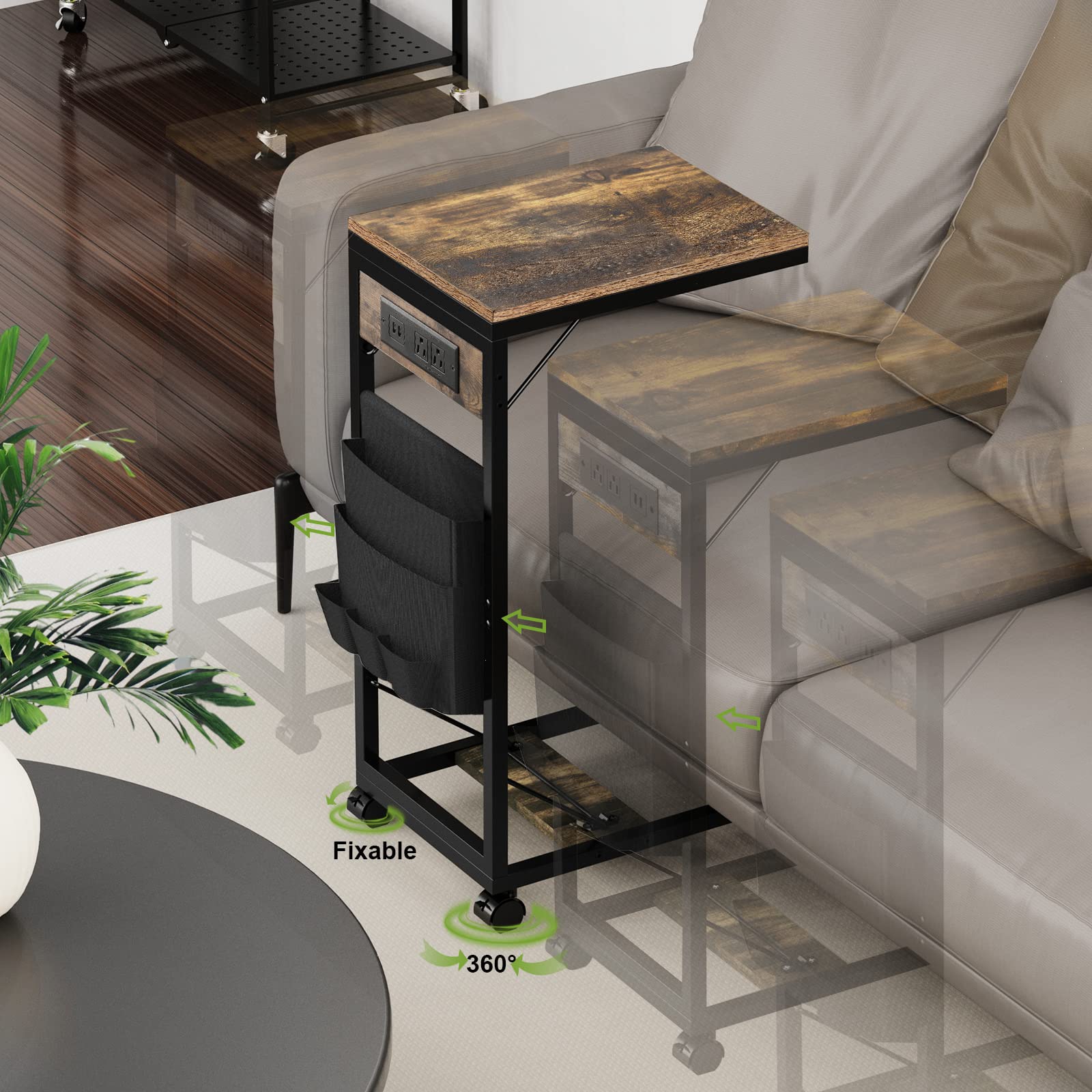 Himix Pre Assembled C Table End Table, Foldable Side Table with Charging Station, Storage Bag, Wheels, Waterproof Rolling TV Tray Table for Bedside, Small Spaces, Couch, Bedroom