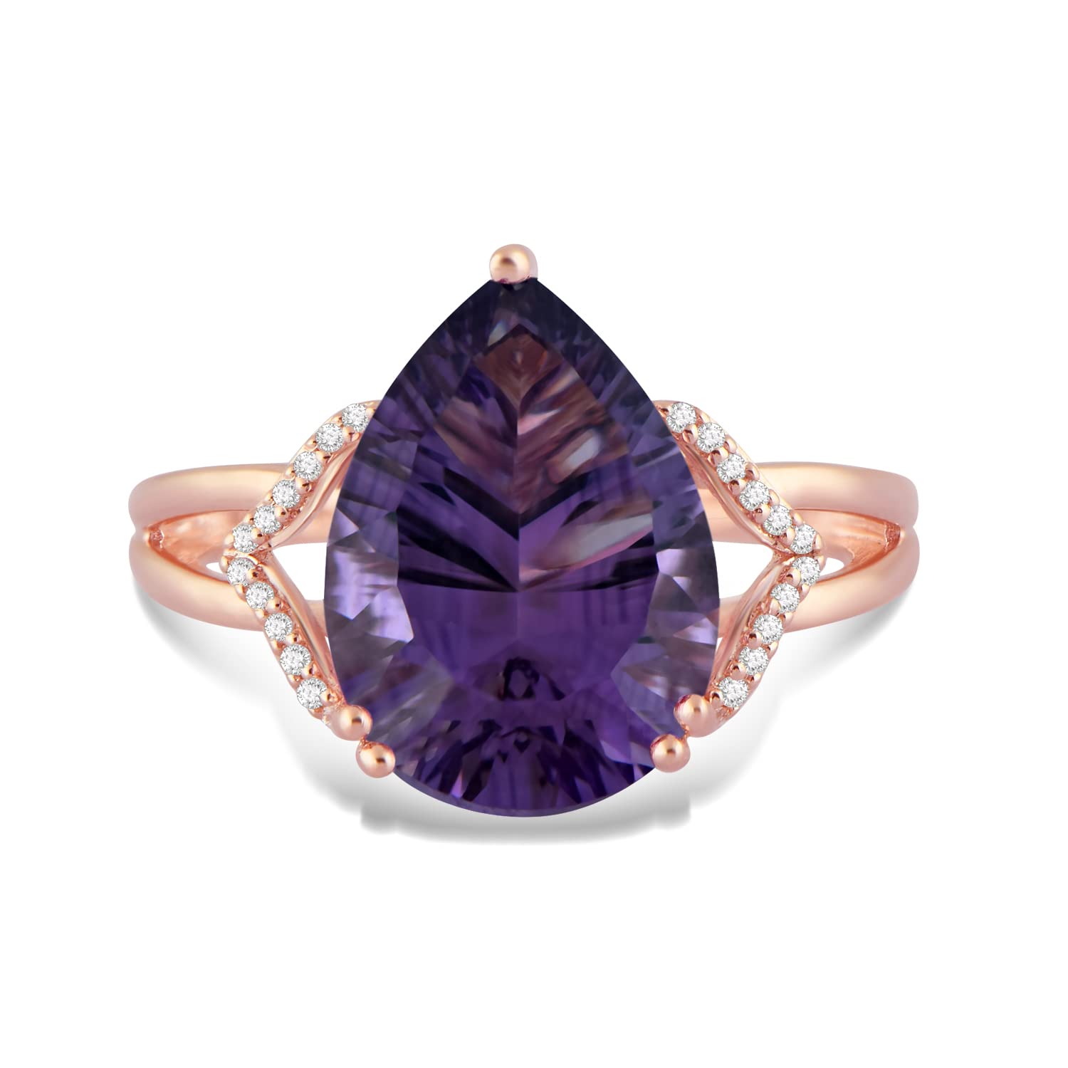 Jewelili 10K Rose Gold 14x10 MM Concave Pear Shape Amethyst and Natural White Round Diamond Accent Ring, Size 7