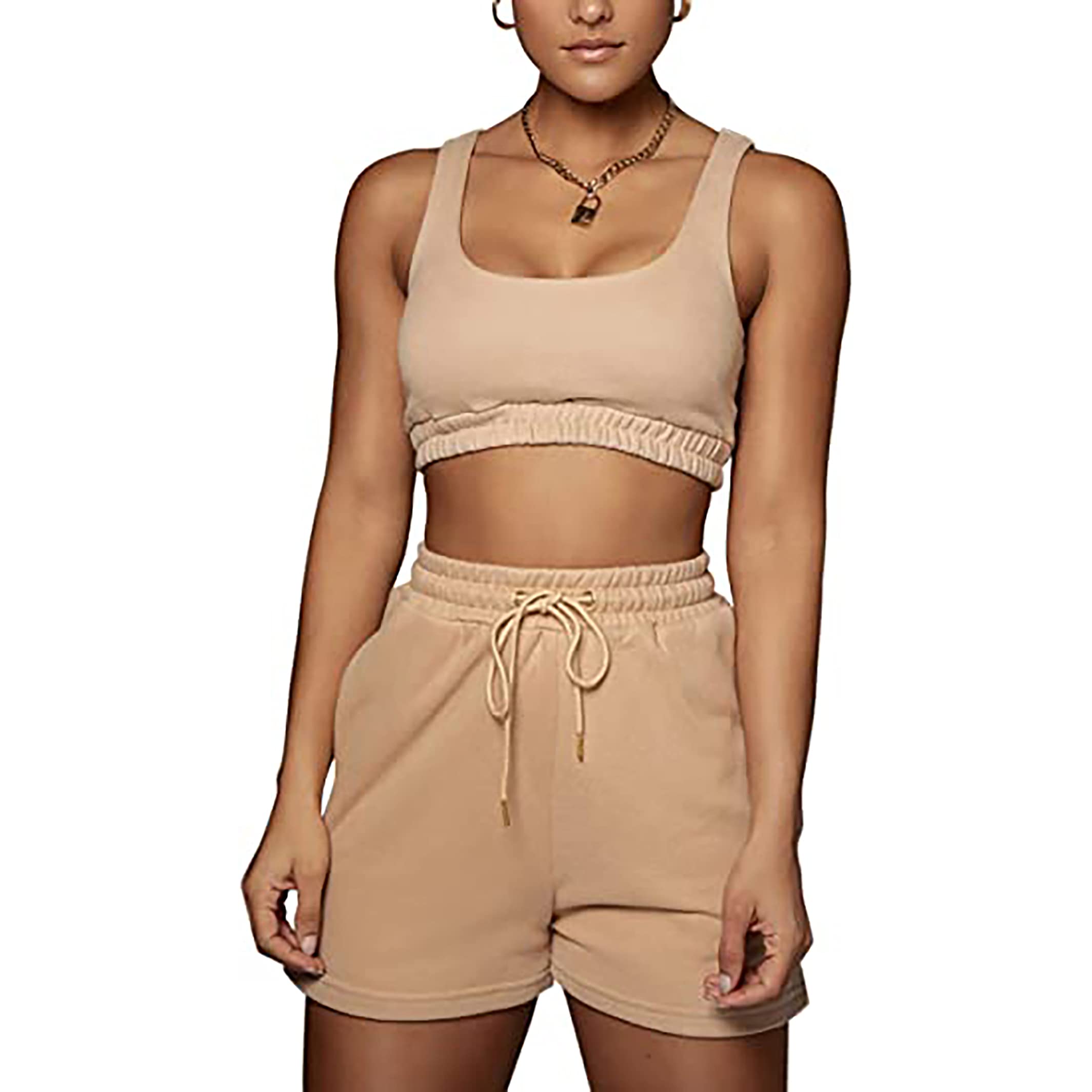 Meladyan Women 2 Pieces Solid U Neck Sports Crop Bra Vest Top Drawstring High Waist Shorts Sets Active Biker Sweatsuits