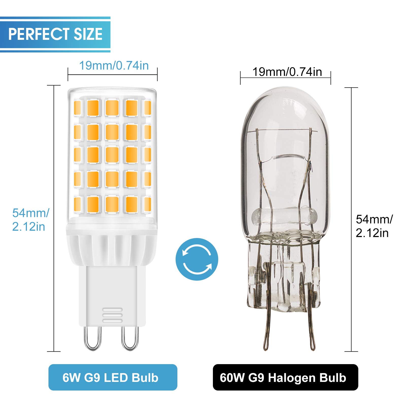 JandCase G9 LED Bulb Dimmable, G9 LED Light Bulbs, 6W (60W Halogen Equivalent), Soft White 3000K, 600LM, G9 Bi-pin Base, 360° Beam Angle, for Home Lighting, Ceiling Lamp, Chandelier, 2 Pack
