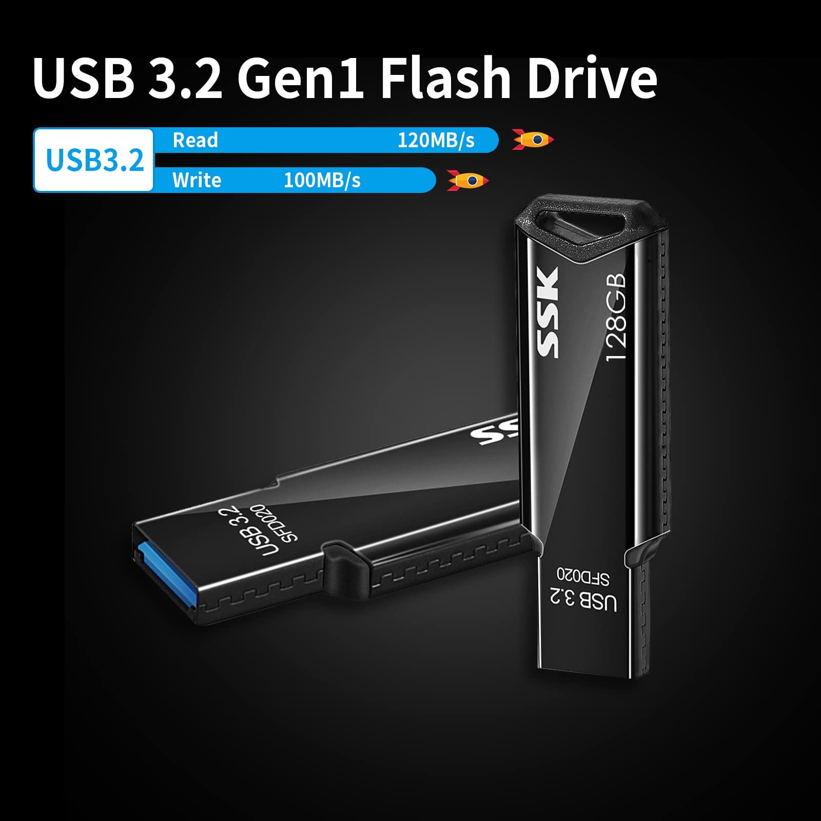 SSK 128GB USB Flash Drive Memory Stick, USB 3.2 High Speed Thumb Drive with LED Indicator, Metal Waterproof Jump PenDrive with Keychain Design for Storage and Backup