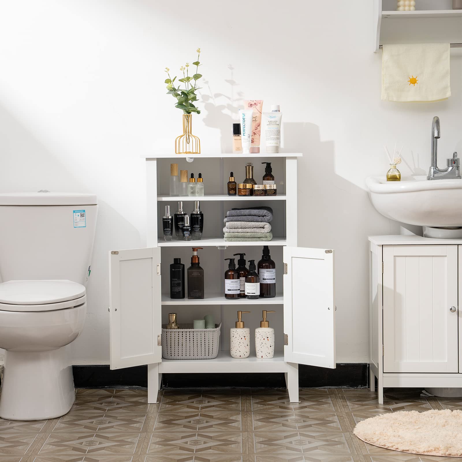 Iwell White Storage Cabinet with 2 Adjustable Shelves, 6 Adjustable Heights, Free Standing Wooden Organizer with 2 Doors for Bathroom