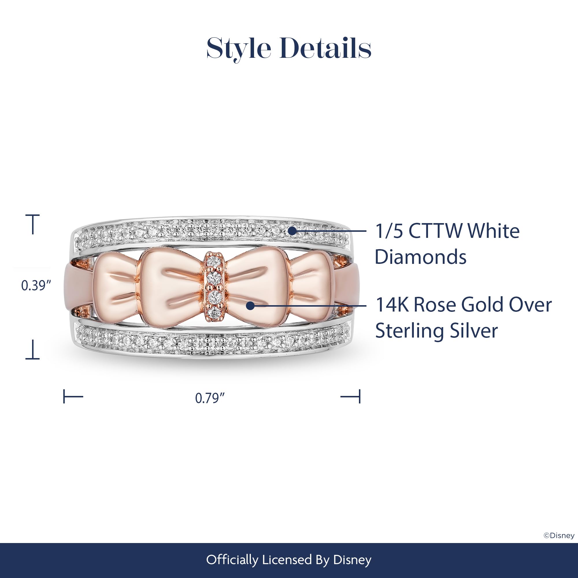 Jewelili Enchanted Disney Fine Jewelry 14K Rose Gold Over Sterling Silver 1/5 Cttw White Diamonds Snow White Bow Ring Size 9