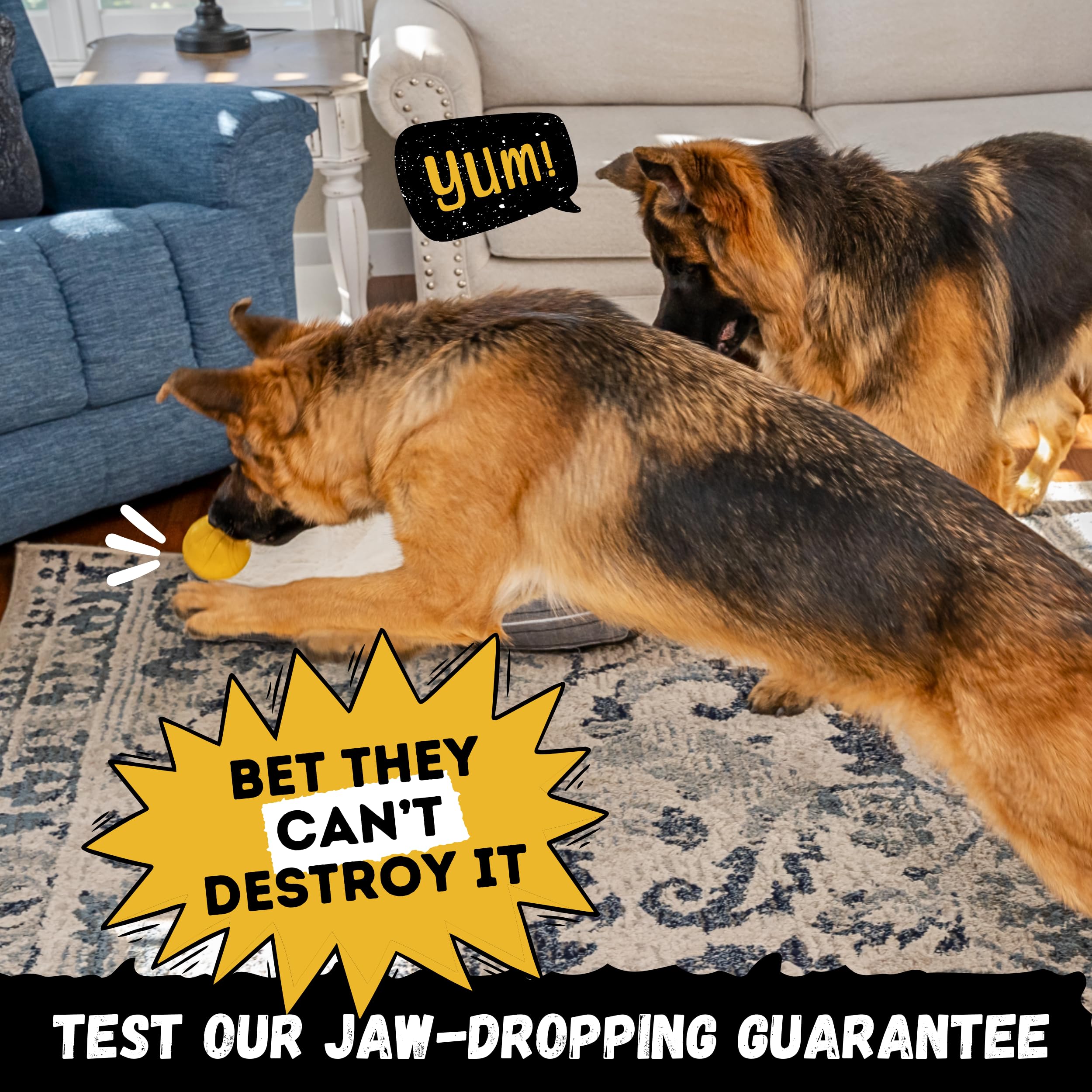 WoofBite Indestructible Dog Ball - Lifetime Replacement - Medium & Large Breed - Ultra Durable for Aggressive Chewers - Natural Rubber - Fetch Tug & Chew - 3in - Yellow (Highly Visible Color for Dogs)