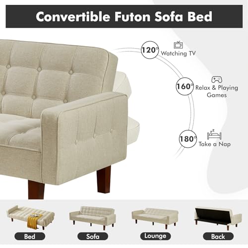 Wonder Comfort 73.62" Linen Futon Sofa Bed, Adjustable Backrest Convertible Loveseat Sleeper Couch with Tapered Wood Legs for Small Space Living Room, Beige