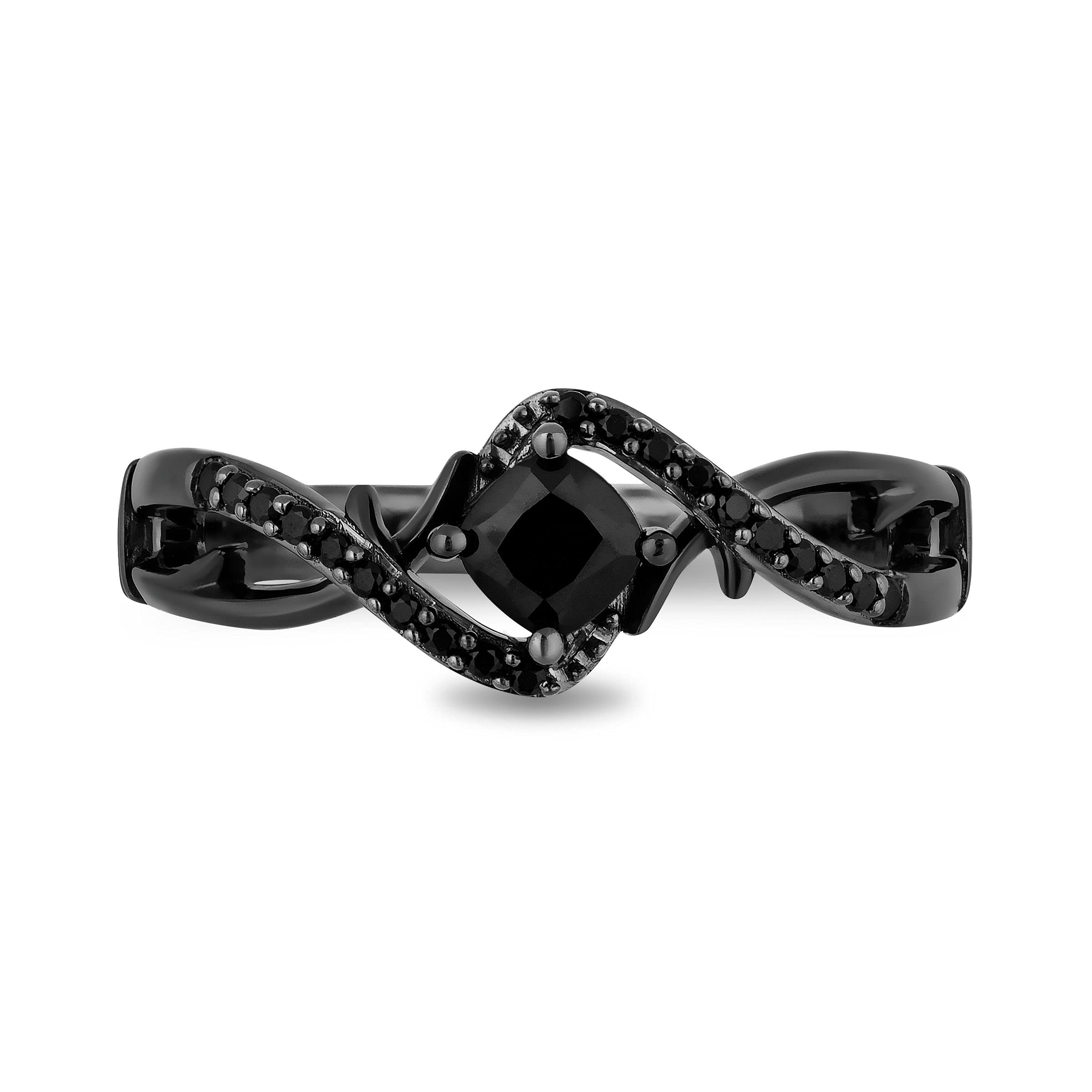Jewelili Enchanted Disney Fine Jewelry Black Rhodium over Sterling Silver with 1/10 CTTW Black Diamond and Onyx Maleficent Ring Size 8