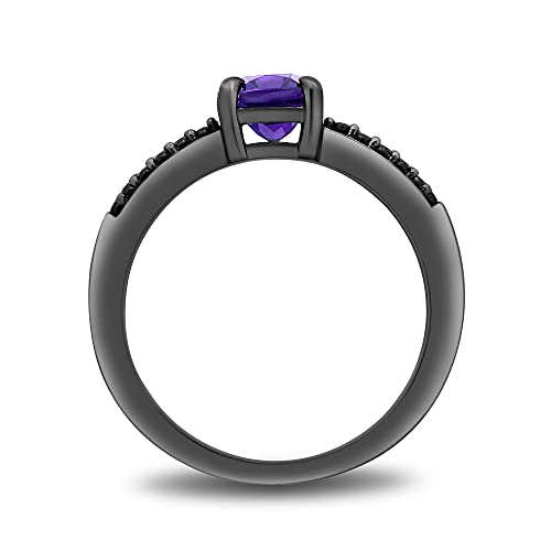 Jewelili Enchanted Disney Fine Jewelry Black Rhodium over Sterling Silver 8x6 MM Cushion Shape Amethyst and 1/5 Cttw Treated Black Round Diamond Ursula Ring, Size 7