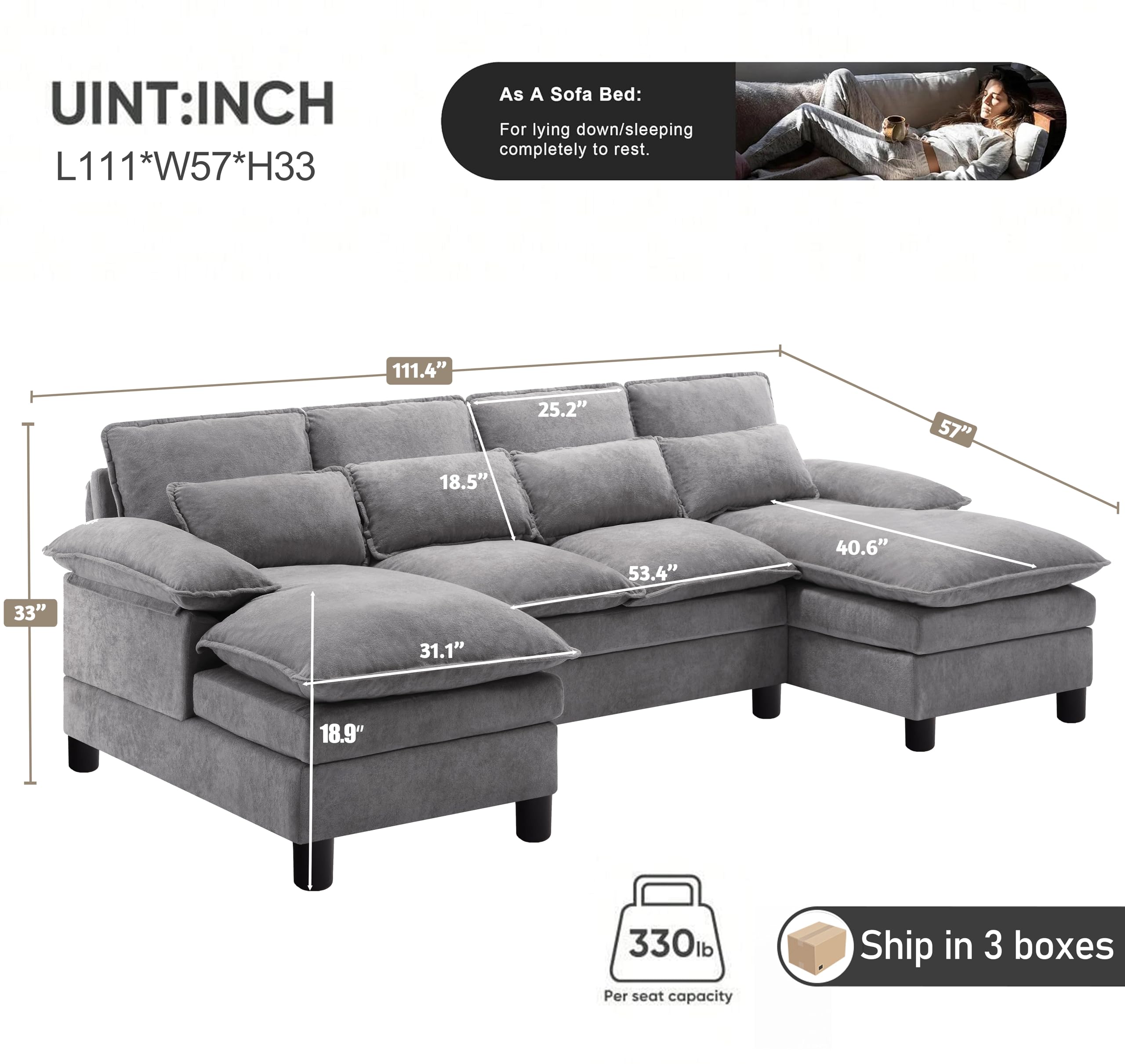 U Shape Upholstered Sectional Comfy Cloud Couch for Living Room, 111’’ Oversized Extra Deep 4 Seat Modular Sleeper Sofas with 2 Reversible Chaises for Spacious Space Bedroom,Gray