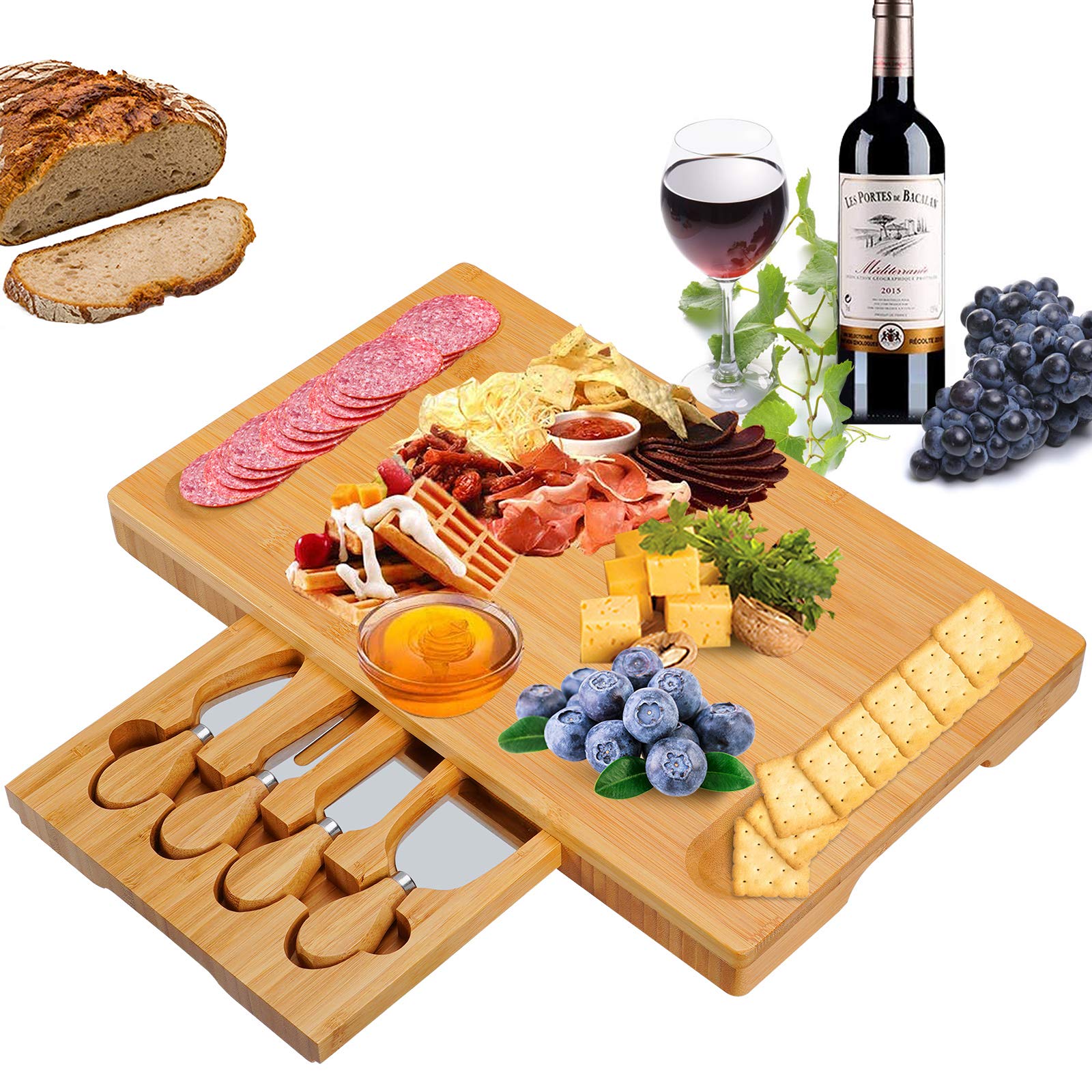 Olebes Bamboo Cheese Board and Knife Set with Slid-Out Drawer - Wood Charcuterie Platter Serving Tray for for Wine, Meat & Crackers, Perfect for Wedding Anniversary Housewarming & Entertaining