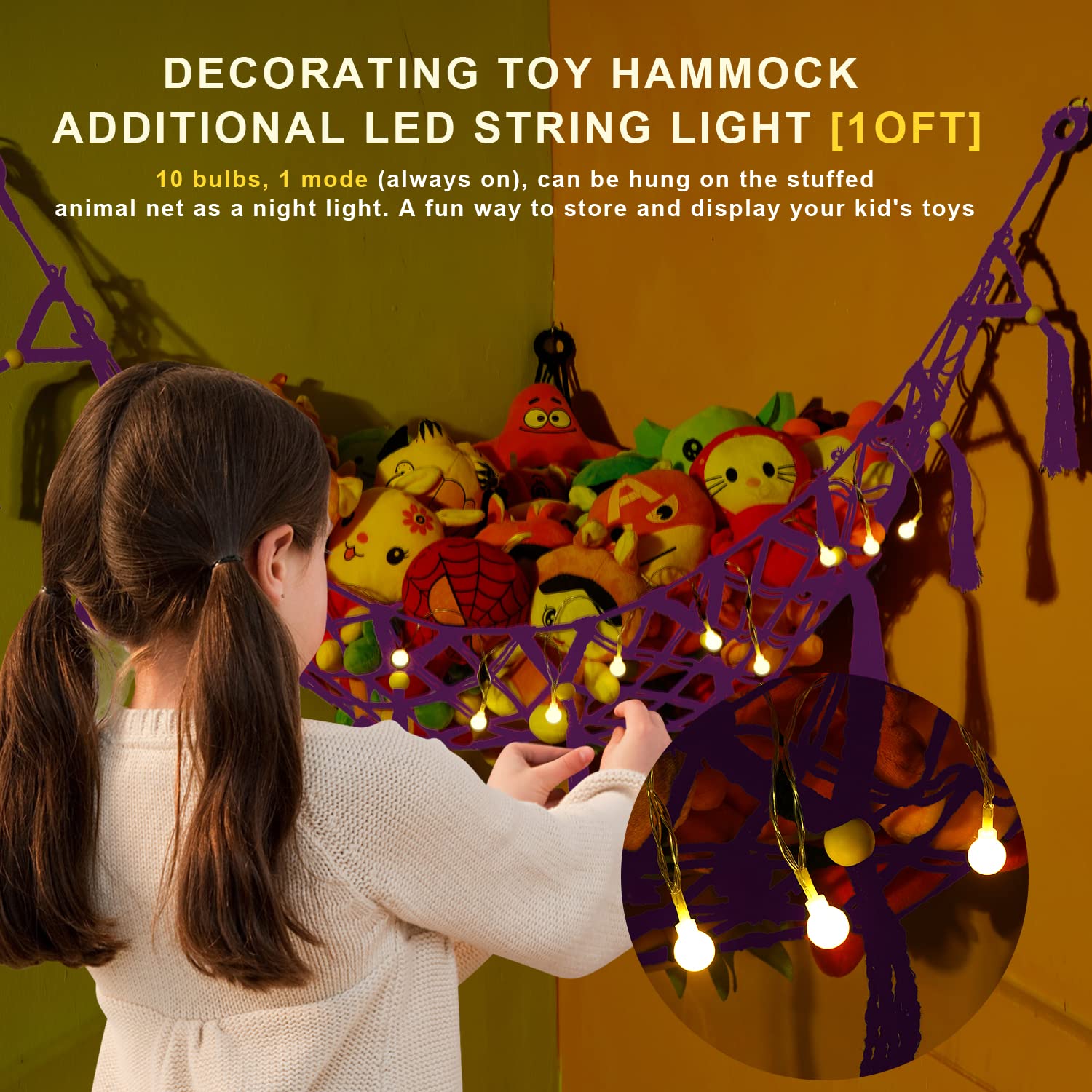 KOHUIJOO Stuffed Animal Net or Hammock Macrame Toy Hammock for Stuffed Animals With Lights Plush Toy Storage Hammock Corner Hanging Mesh Net Boho Nursery Organizer for Kidroom Playroom Purple