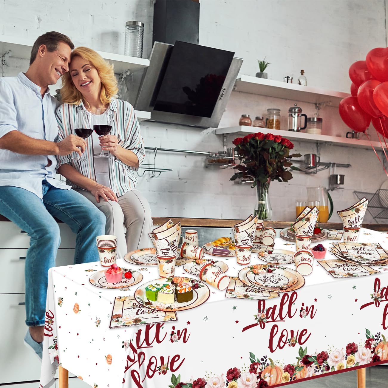 Zhynice Fall in Love Bridal Shower Decorations 121 Pcs Fall Wedding Disposable Dinnerware Autumn Floral Pumpkin Plates and Napkins Cups Tablecloth for Fall Theme Wedding Engagement Supplies 30 Guest