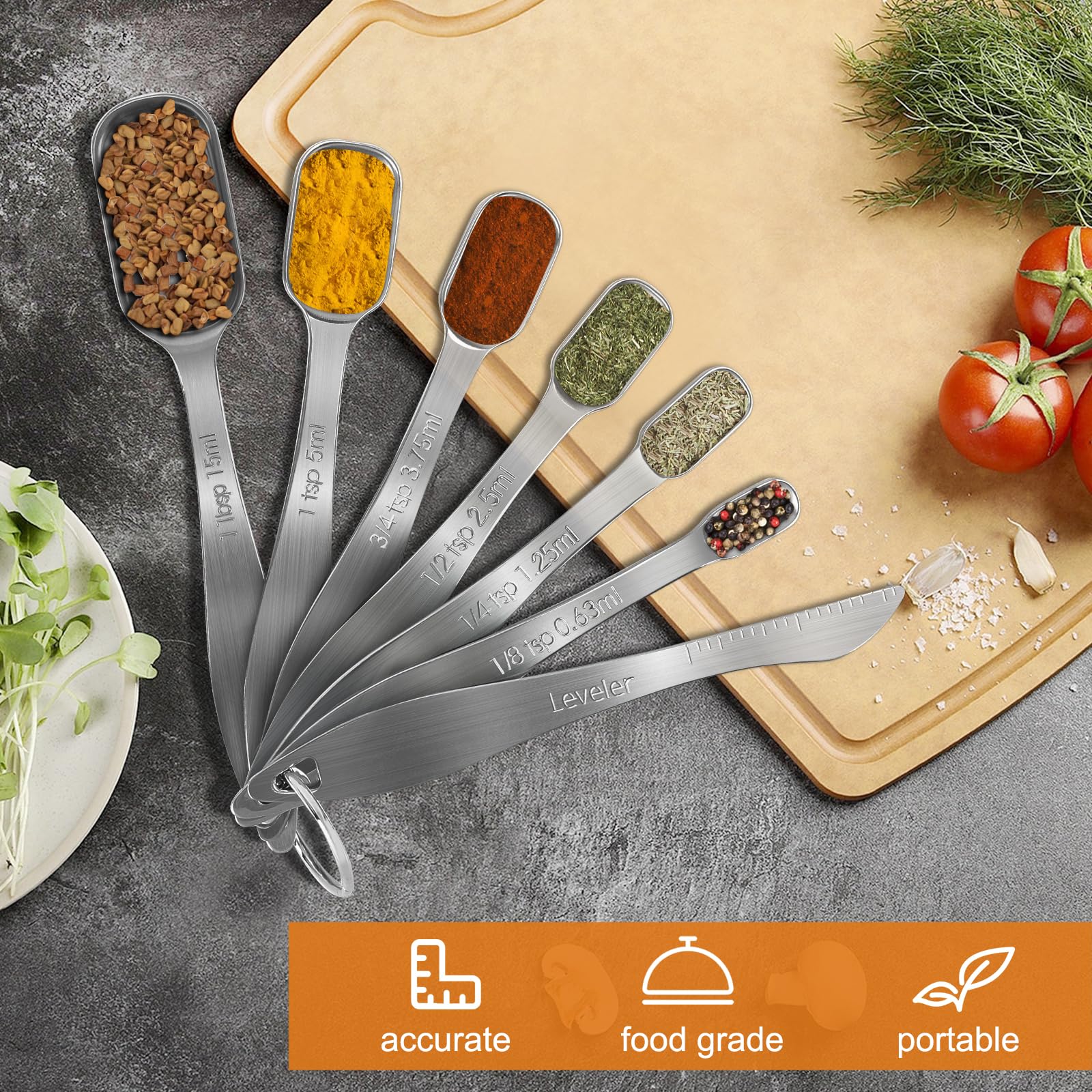 Stainless Steel Measuring Spoons, Premium Heavy Duty Metric Small Tablespoon 7-piece set:1/8 tsp, 1/4 tsp, 1/2 tsp, 3/4 tsp, 1 tsp & 1 tbsp-for Dry or Liquid, Fits in Spice Jar, Including Leveler