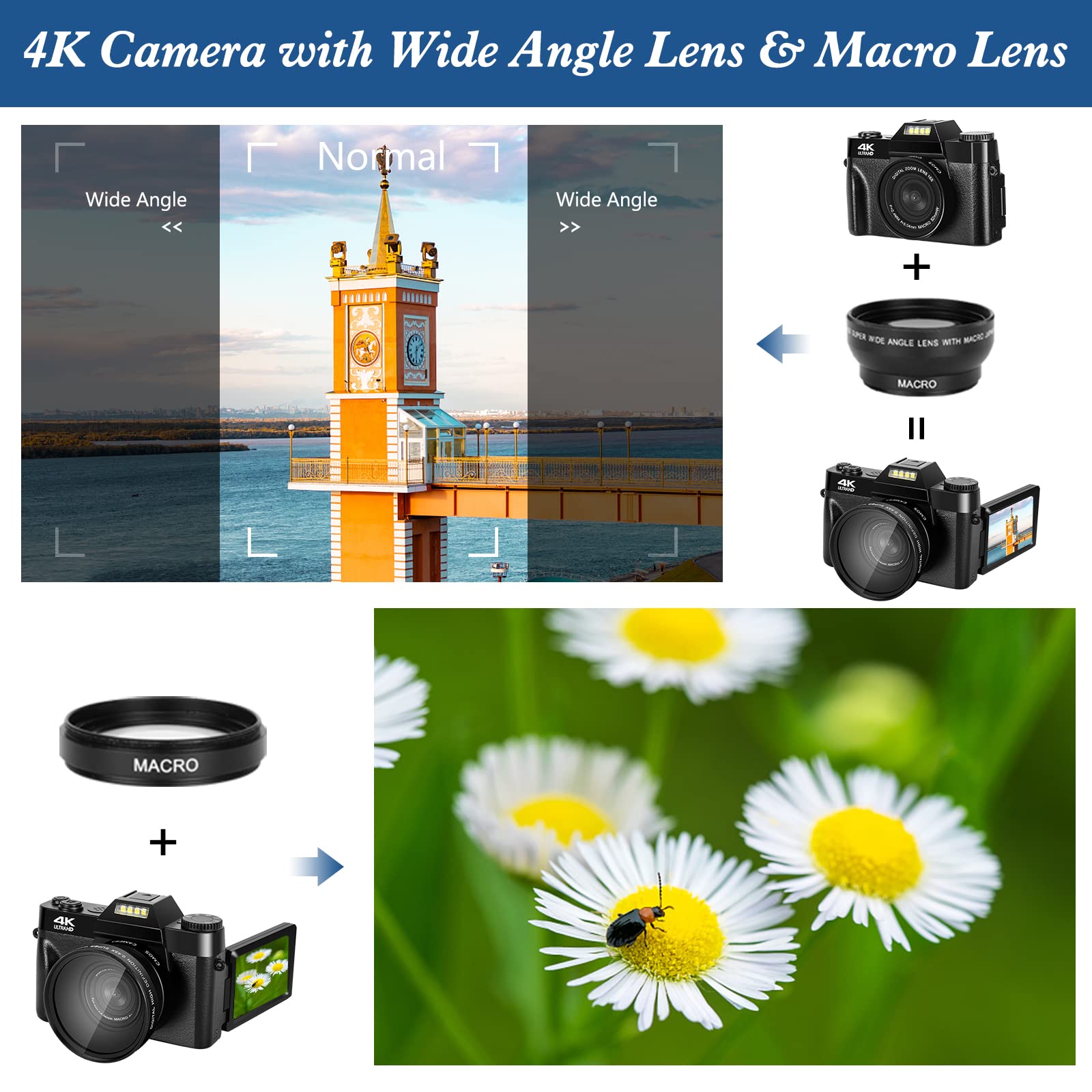 KOKITS 4K Vlogging Camera for YouTube, 48MP Digital Photography with 3''Flip Screen, 16x Zoom and Video Autofocus Anti-Shake, Wide Angle Lens, Macro 2 Batteries, 32GB Micro SD Card, Black (G10)