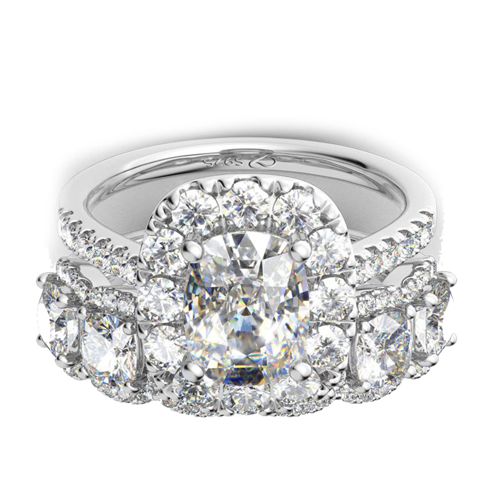 Jeulia Oval Cut Engagement Ring Set for Women Halo Sterling Silver Bridal Wedding Ring White Diamond Cubic Zirconia Eternity Band Ring with 3.95 ct Primary Stone,5.75ct Side Stone (6)