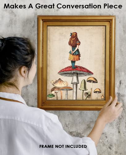 Whimsical Alice Atop Mushrooms Wall Art Print - 11x14 Unframed Picture For Home, Office, Classroom, Dorm, Living Room & Bedroom Decor - Creative Gift Idea For Alice Fans