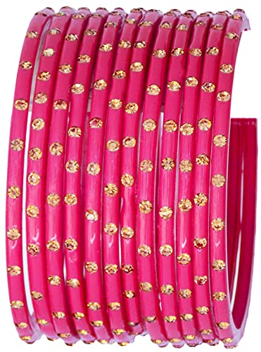 JD'Z COLLECTION Indian Bollywood Jewelry Bangles Set Ethnic Glass Wedding Bracelets Bangles 12pc (Fuchsia, 2.6)