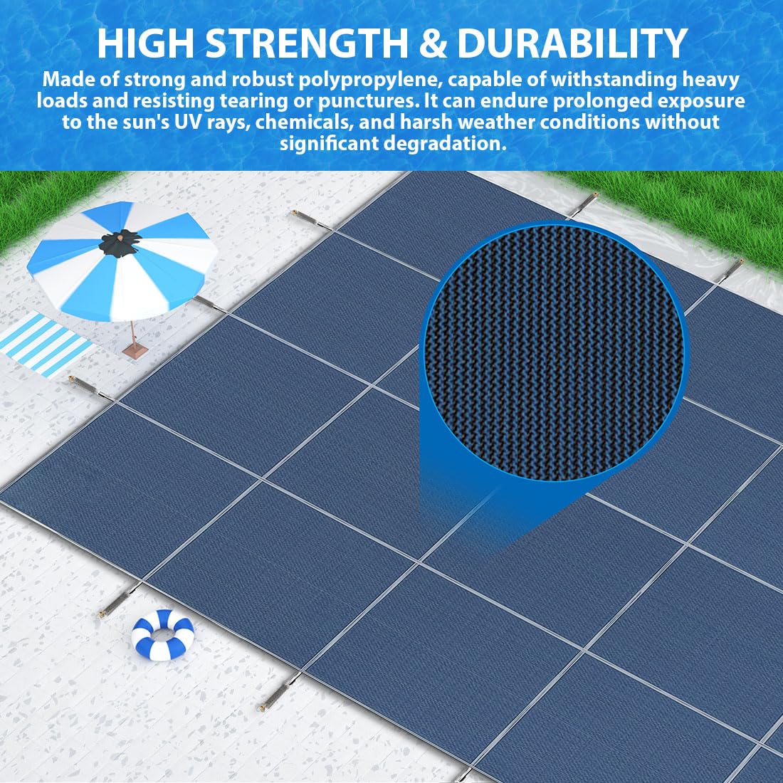 iCover Pool Safety Cover, Fits 16x32ft Inground Swimming Pool with 4x8ft Center End Steps, Heavy Duty Mesh High Strength Pool Cover, Hardware and Instruction Manual Included, Blue