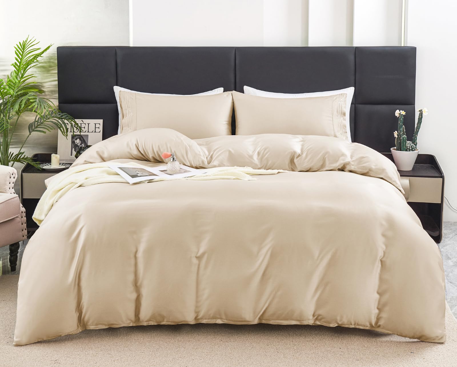 YIYEA Duvet Cover Queen Size - 100% Organic Viscose Derived from Bamboo - Luxury 600 Thread Count Cooling Comforter Cover Set for Hot Sleepers, Silky Soft and Breathable - Beige