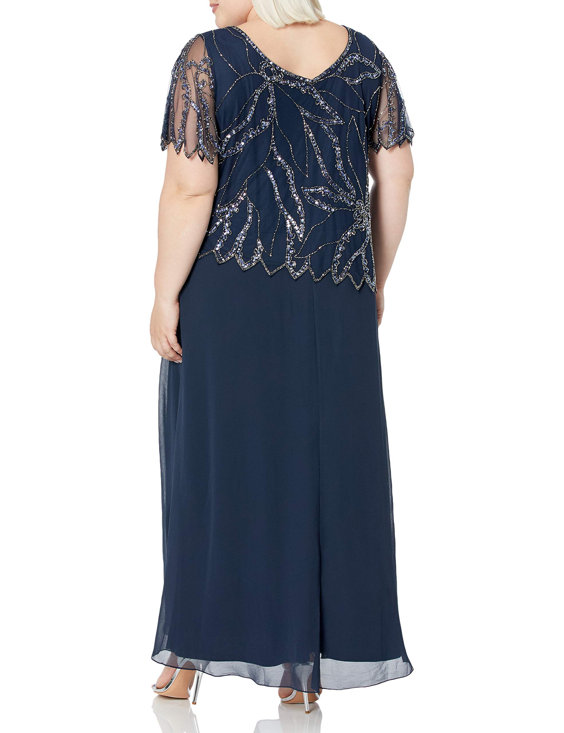 J Kara Women's Plus Size Beaded Short Sleeve Long Gown, Navy/Mercury, 18W