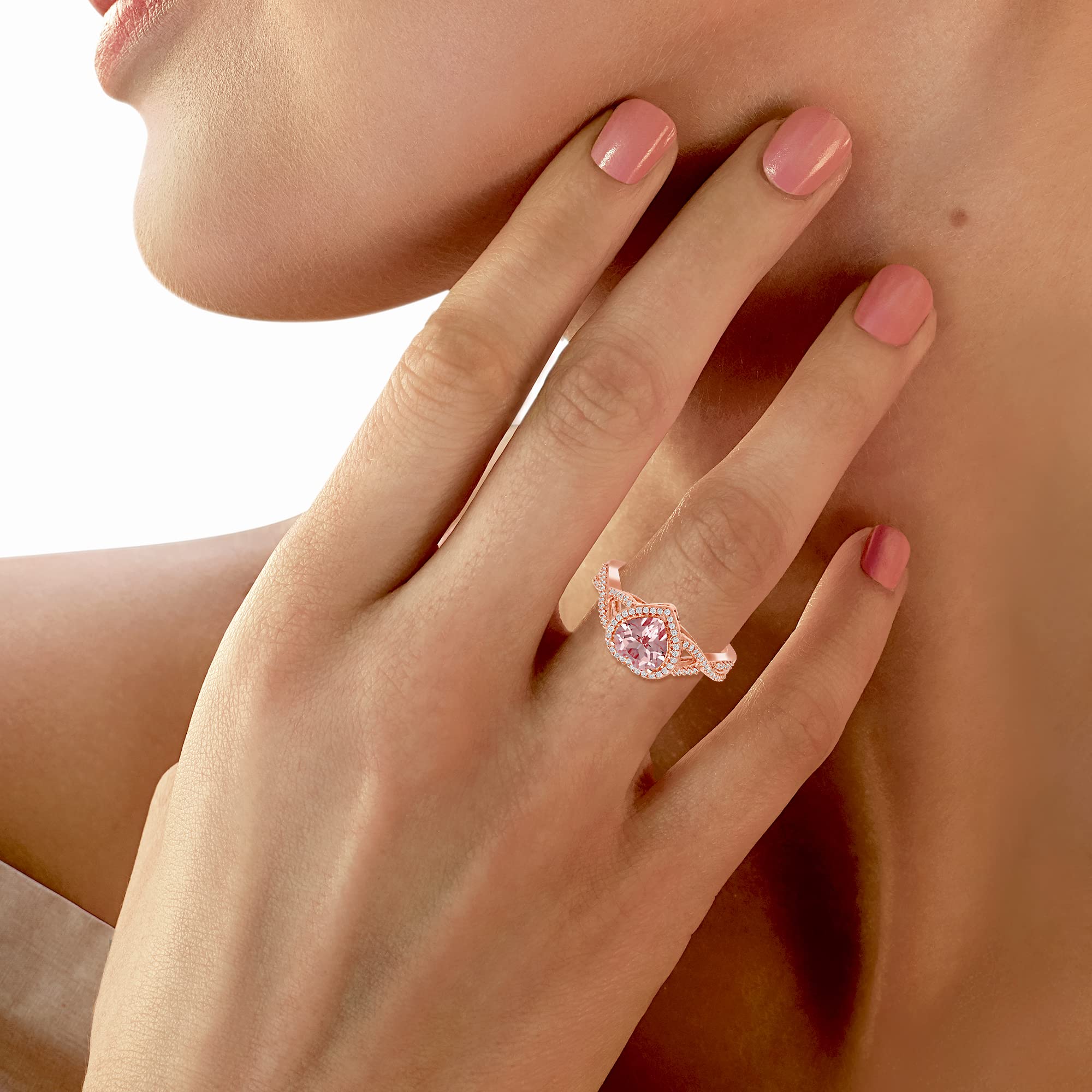 Jewelili Rose Gold over Sterling Silver 7 MM Heart Shape Created Morganite and Round Created White Sapphire Heart Ring, Size 7