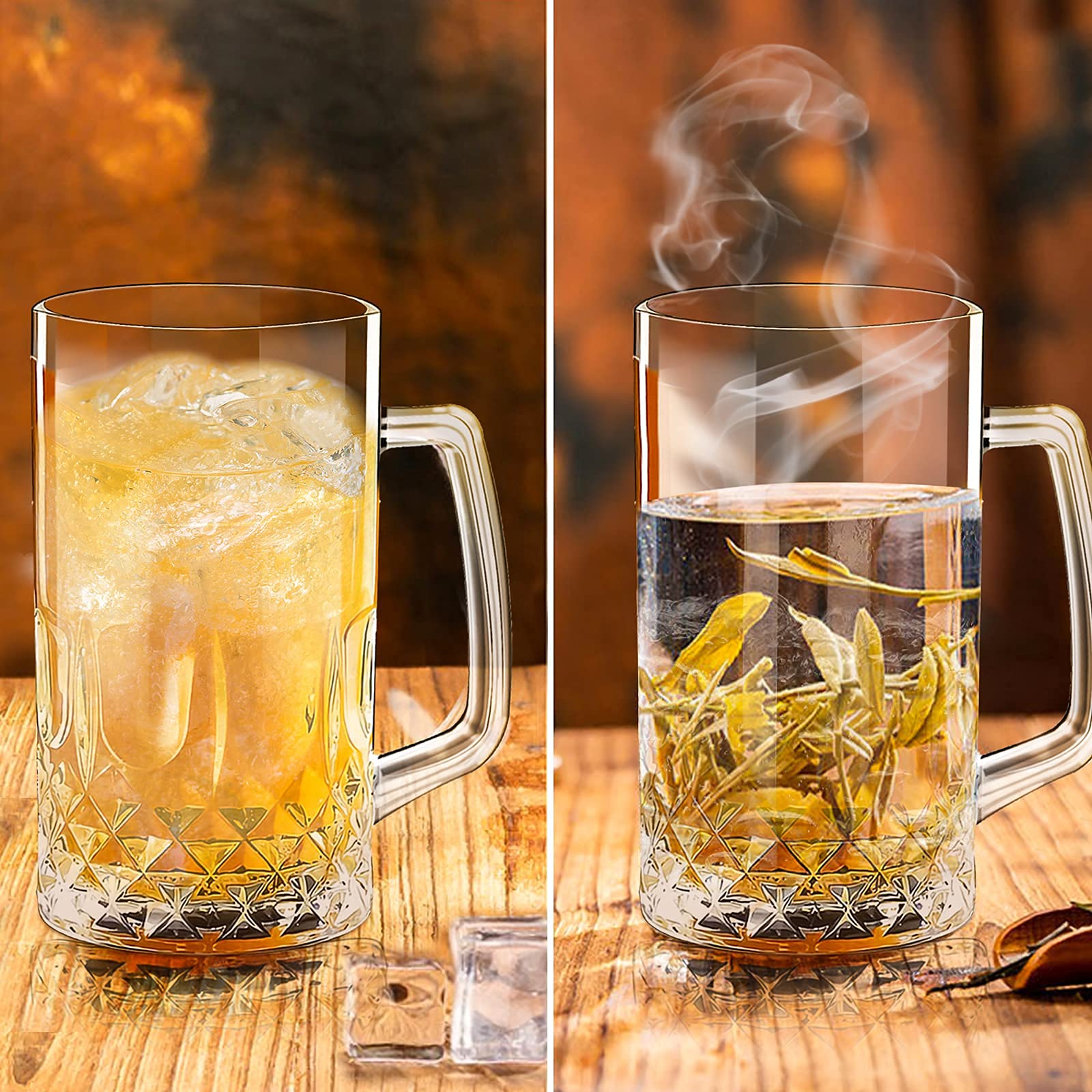 Momugs 32 Ounces Beer Stein Mugs - 2 Pack Extra Large German Style Clear Tall Beer Glasses for Men - Heavy Duty Thick Glass With Handle