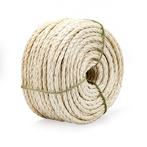 White Sisal Rope 1/4 Inch by 32-Feet for Cat Scratching Post Tree Tower Replacement Repair and Replace, DIY Hemp Twine Rope for Kittens Shelves Furniture Window Bed Perch House Climbing, 6mm by 10m