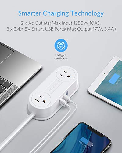Small Power Strip with 3 USB Ports, BESTEK 2 Outlet Portable Plug Strip Charging Station with Adhesive Sticker, 5 Ft Extension Cord, Ultra-Compact for Cruise Ships, Dorm Room,Travel, Bedside, Office