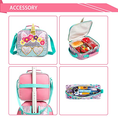 JSMNIAI Pink Unicorn Rolling Backpack for Girls Rolling Backpacks Set with Wheels Kids Luggage for Elementary Students with Lunch Box Travel Suitcase