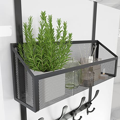 Kaiferty Hooks Organizer, Stainless Steel 12-Hook Over The Door Organizer with Mesh Basket, Bathroom Kitchen Bedroom Office Organizer (Black)