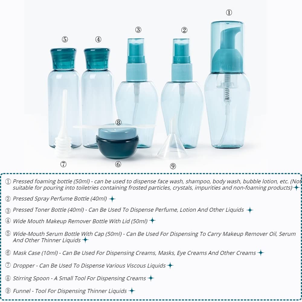 Travel Bottles for Toiletries Containers,9 PCS Leak Proof Squeezable Refillable Travel Accessories Conditioner Bottles for Airplane Travel Essentials Vacation Cruise Accessories Must Haves