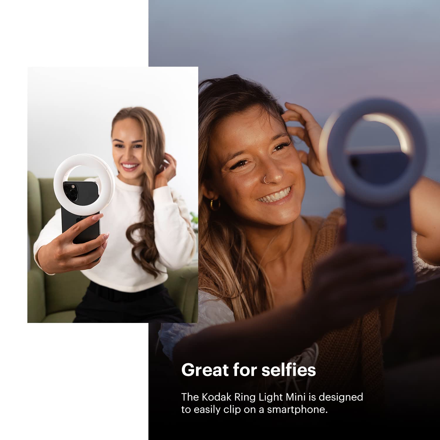 Kodak Ring Light Mini 4" β Portable Clip on Ring Light for Phone with Rechargeable Battery (USB-C) β Dimmable Selfie Light with 3 Light Modes β Ring Light for Video Conferencing/Beauty/TikTok