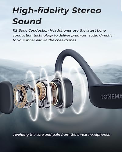 TONEMAC K2 Bone Conduction Headphones - Wireless Open-Ear Bluetooth 5.3 Sports Earbuds with Microphone for Running, Workouts, and Cycling - Sweat Resistant and Comfortable Fit