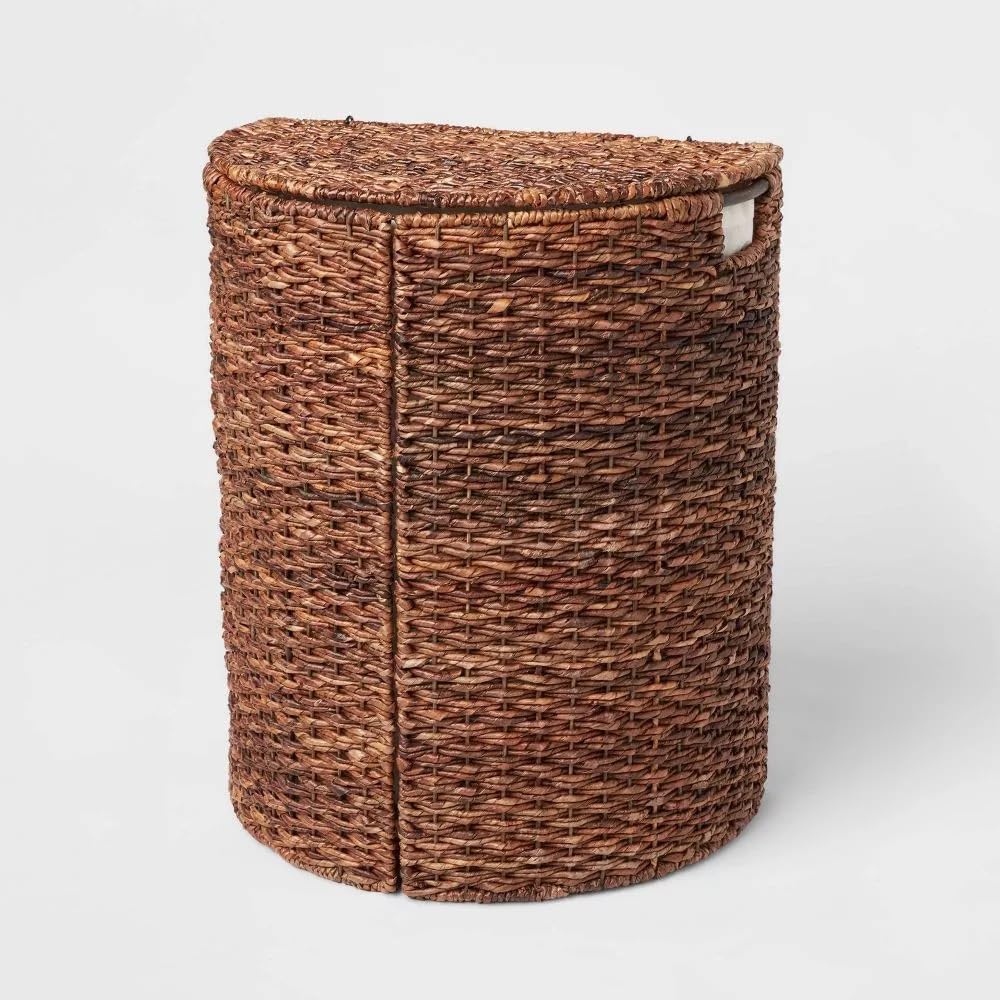 Woven Abaca Lidded Halfmoon Hamper,Wrought Iron Store Brown Lightweight For Easy Lifting And Moving