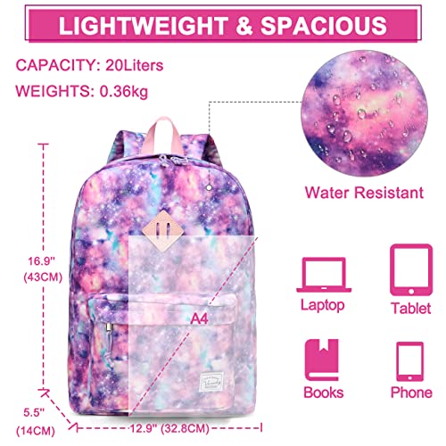 VASCHY Backpack for School, Lightweight Water Resistant Bookbag Casual Daypack for Middle School Teen Girls Pink Galaxy