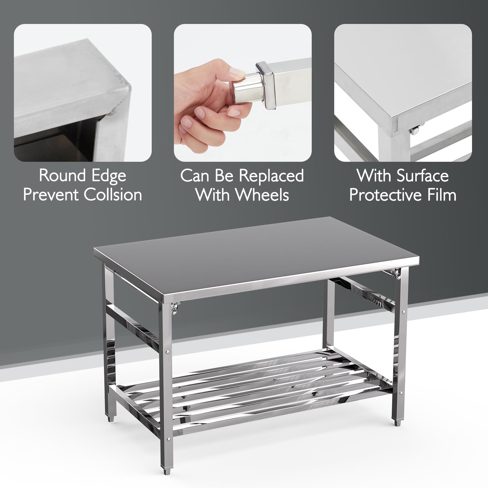 Stainless Steel Prep Table 48 x 24 Inch, NSF Commercial Heavy Duty Stainless Steel Folding Work Table with Undershelf, Stainless Steel Kitchen Island, Laundry Folding Table, Outdoor Cooking Table