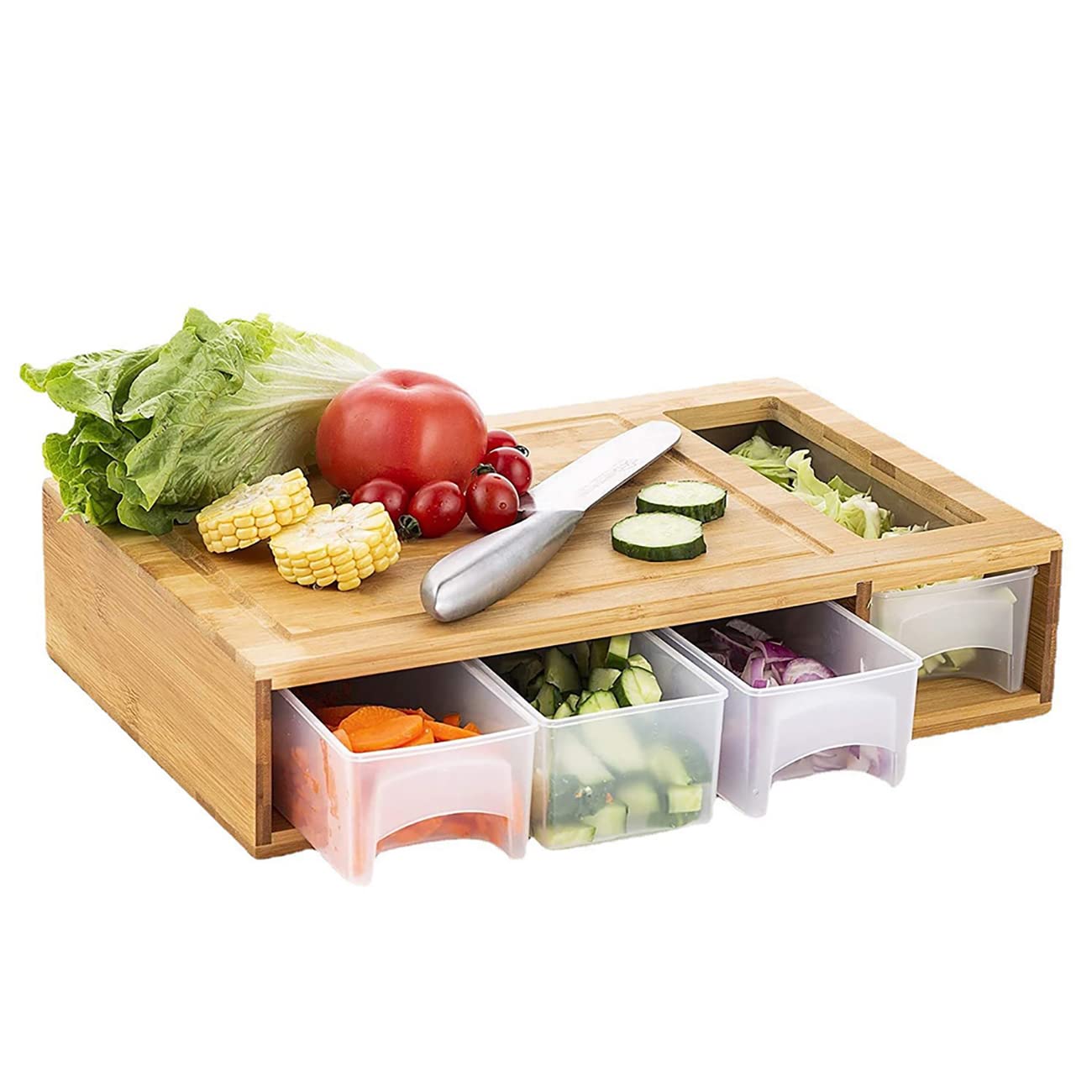 OLOZIQ Bamboo Cutting Board with Trays and Lids Storage Containers β Multifunction Easy Chopping Meal Prep Station with Juice Grooves β 4 Multi-Functional Graters Included with Food Sliding Opening