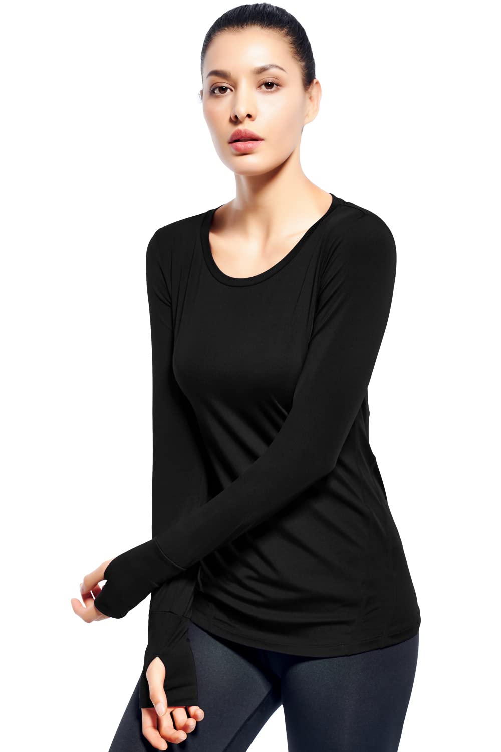 Long Sleeve Workout Shirts for Women Running Athletic Tee Shirt with Thumb Hole(Black,XS)