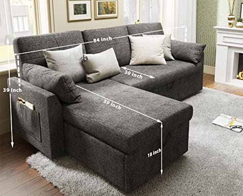 VanAcc Sofa Bed, 2 in 1 Pull Out Couch Bed with Storage Chaise for Living Room, Sofa Sleeper with Pull Out Bed, Gray Chenille Couch
