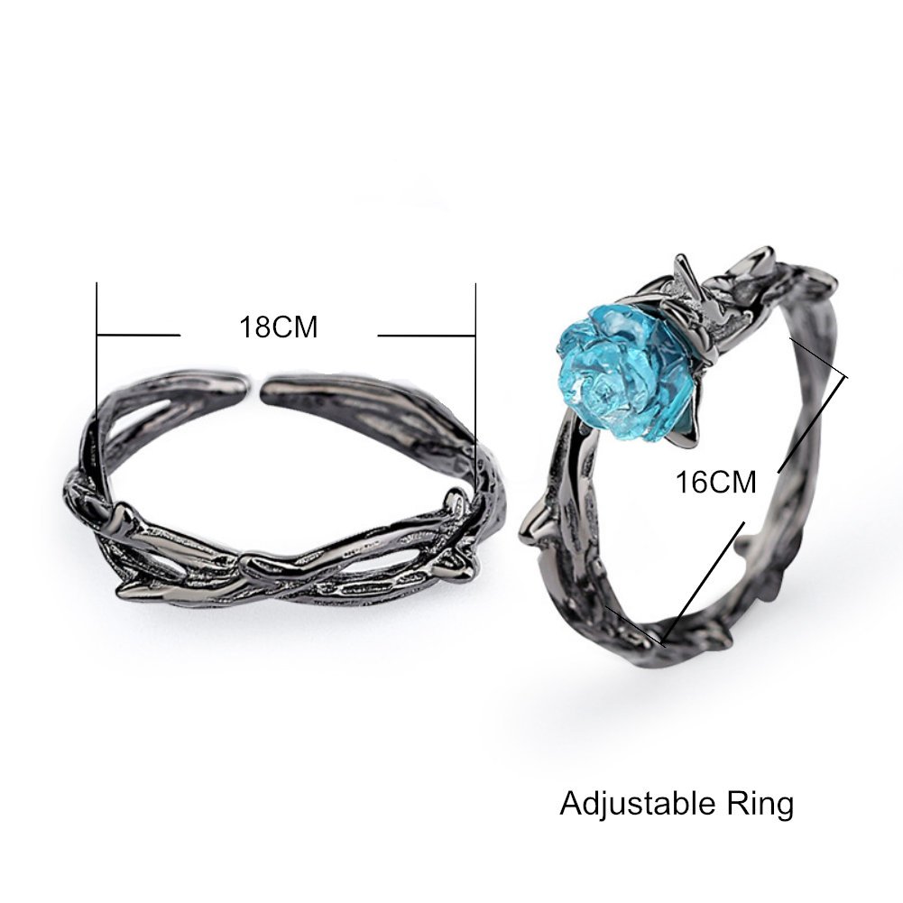 ISAACSONG.DESIGN 925 Sterling Silver Statement Adjustable Ring for Women Love Heart, Teardrop, Cat, Pearl Charms (Valentine Blue Rose Couple Ring)