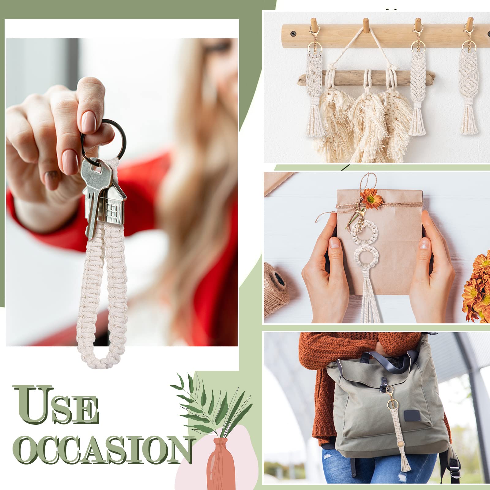 Nosiny 24 Pieces Boho Macrame Keychains Mini Cute Handcrafted Tassel Keychain Macrame Bag Charms Aesthetic Keychain with Tassel for Women Car Key Purse Phone Wallet Party Supplies, Beige