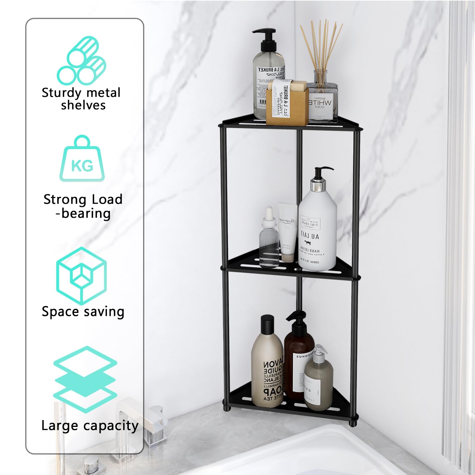 XEENEW Standing Shower Caddy Corner, 3 Tier Stainless Steel Shower Organizer Stand, Metal Rustproof Corner Shower Shelf, Shower Stands for Inside Shower Bathroom Bathtub(Matte Black)